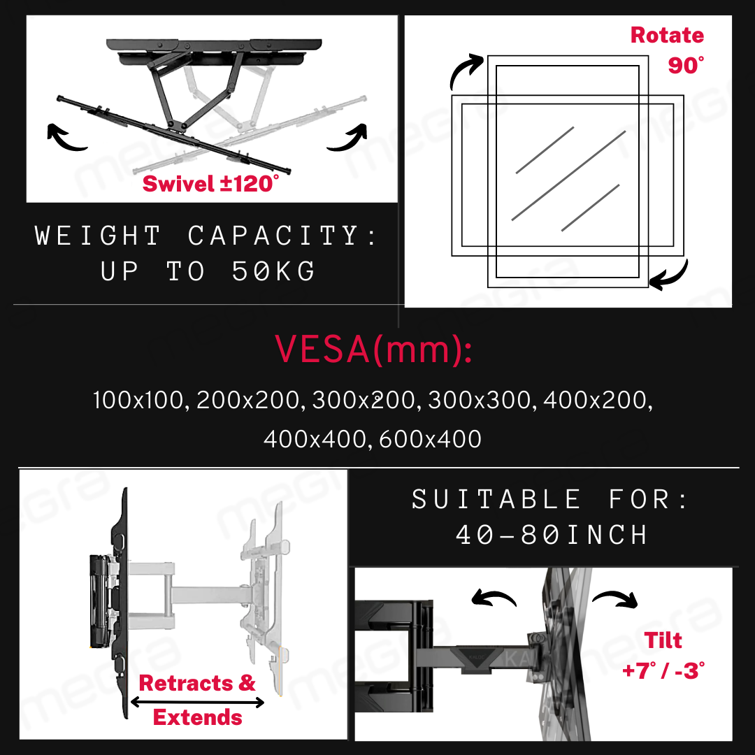 Adjustable TV Mount Bracket Full Motion TV Swivel Wall Bracket Vertical ...