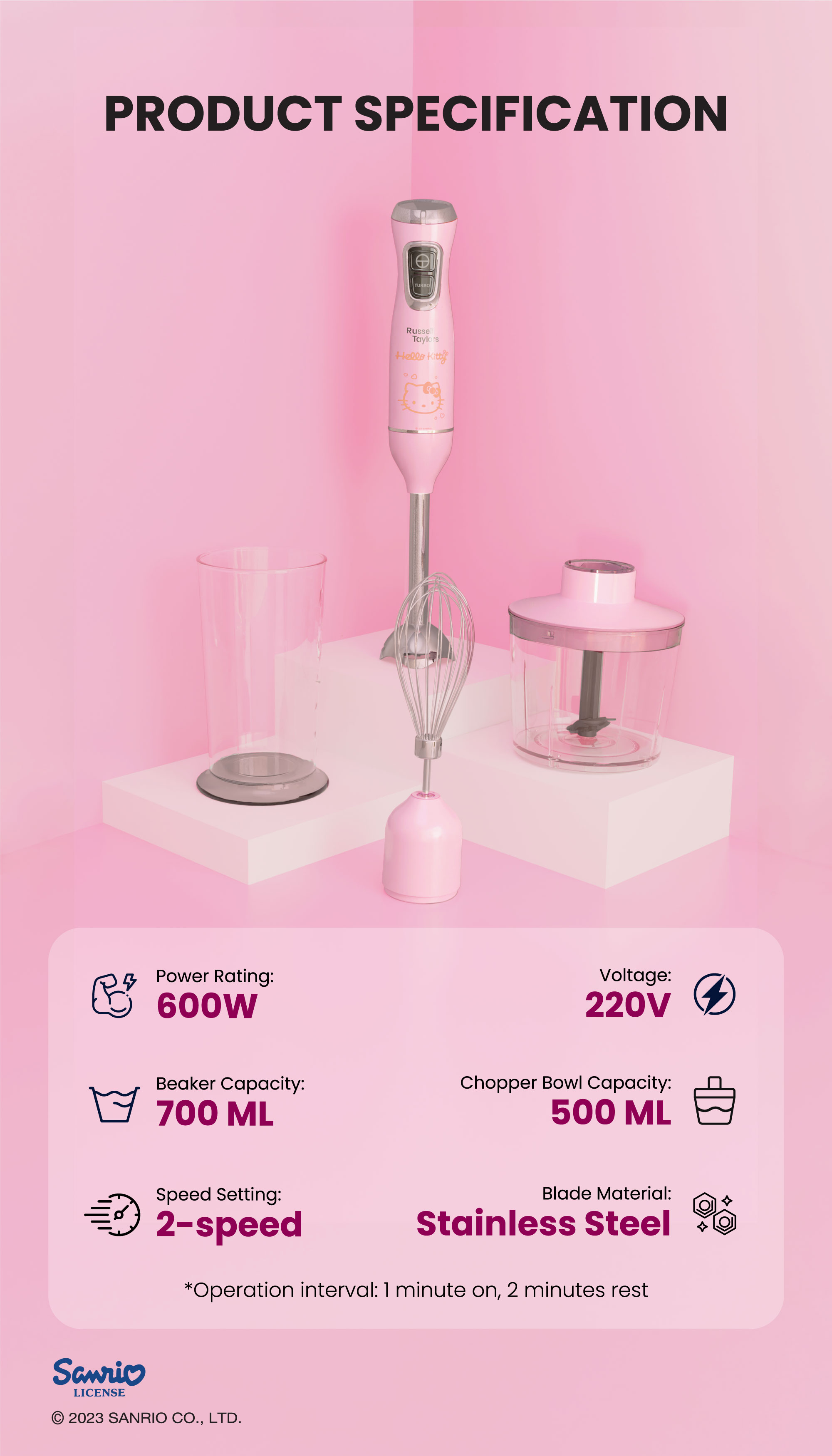 Russell Taylors x Sanrio Hello Kitty Hand Blender Food Processor (600W ...
