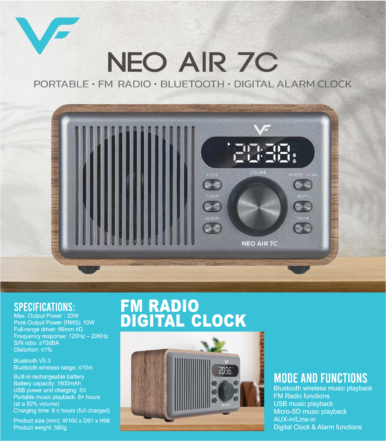 Neo Air 7C Digital Alarm Clock Portable Bluetooth Speaker - Vinnfier ...
