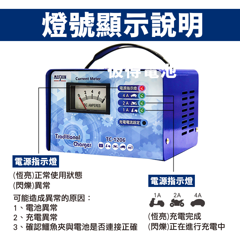麻新電子 TC-1206 汽機車 電池充電器 三段控制 充滿自動跳停 台灣製造 一年保固 - 彼得電池-車用精品店 - iOPEN Mall