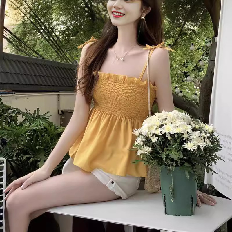 【JDUDS】夏季木耳壓褶綁帶韓版甜美綁帶無袖吊帶背心 小清新 短款 設計感 一字領 荷葉邊 旅遊穿搭 海邊穿搭 度假風 - JDUDS平價批發工廠 - iOPEN Mall