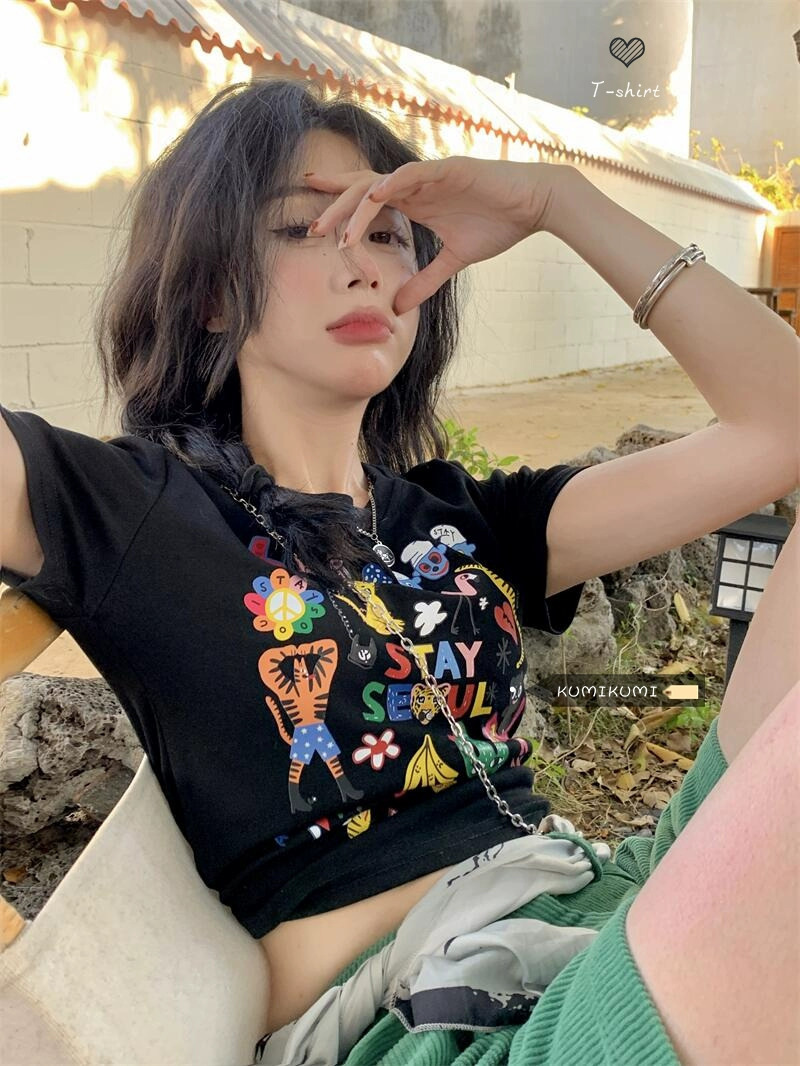 【JDUDS】新款-夏季小眾修身ins塗鴉女T恤辣妹短版印花短袖 拼貼 拼接 - JDUDS平價批發工廠 - iOPEN Mall